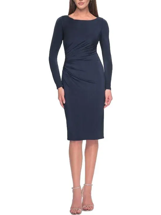 La Femme Jersey Ruched Dress - Navy