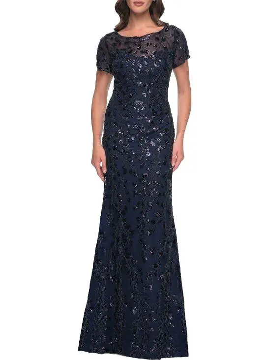 La Femme Beaded Sequin Evening Gown - Navy