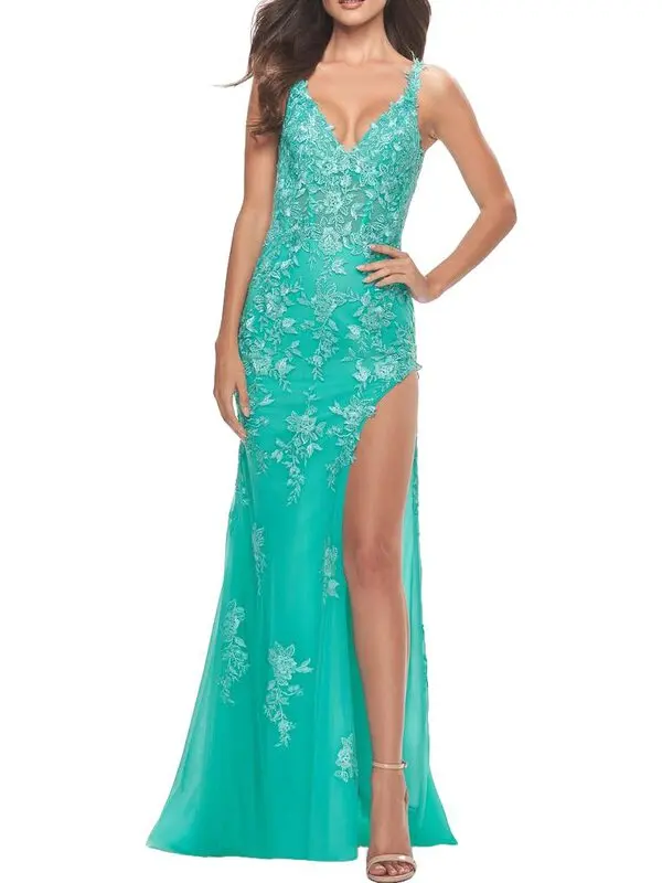 LABOMME Lace V-neck Gown With Slit - Aqua