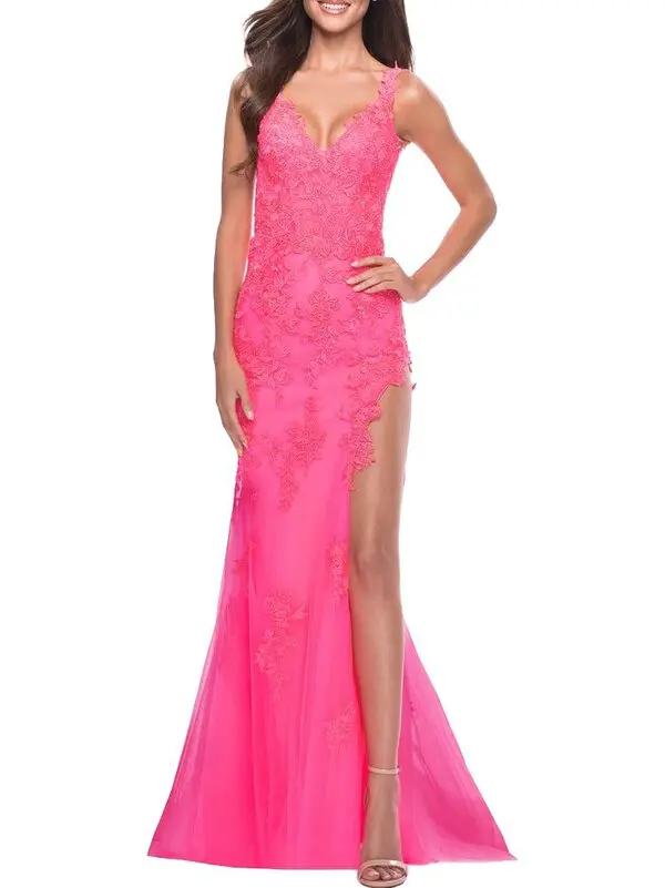 LABOMME Lace V-neck Gown With Slit - Neon Pink