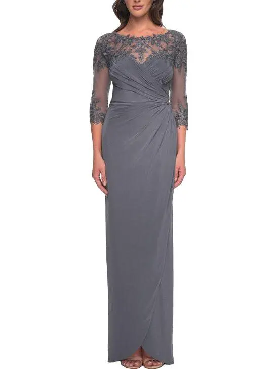 LABOMME Long Jersey Evening Gown With Lace - Gunmetal