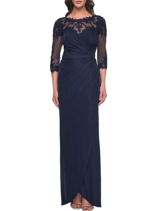 La Femme Long Jersey Evening Gown With Lace - Navy