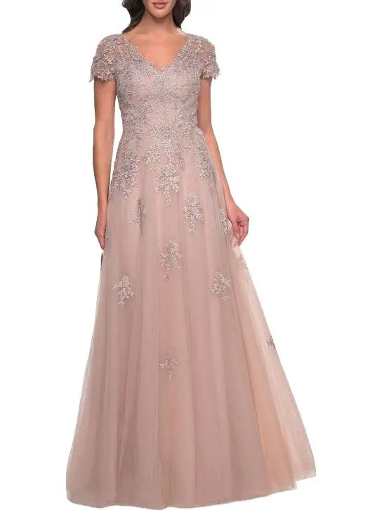 LABOMME A-line Tulle Gown With Lace Applique - Mauve