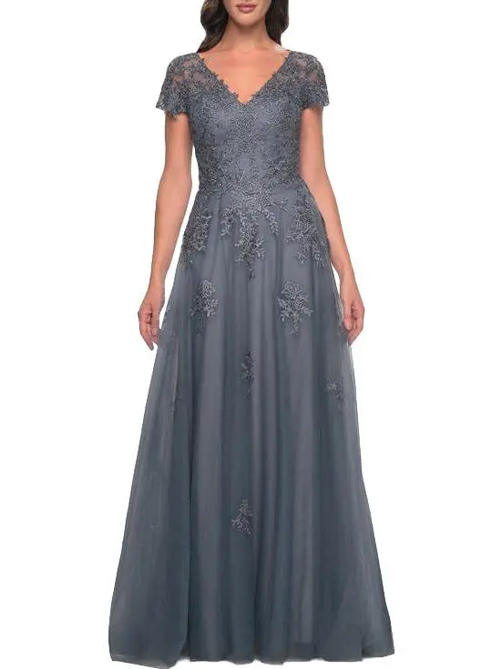 LABOMME A-line Tulle Gown With Lace Applique - Slate Blue