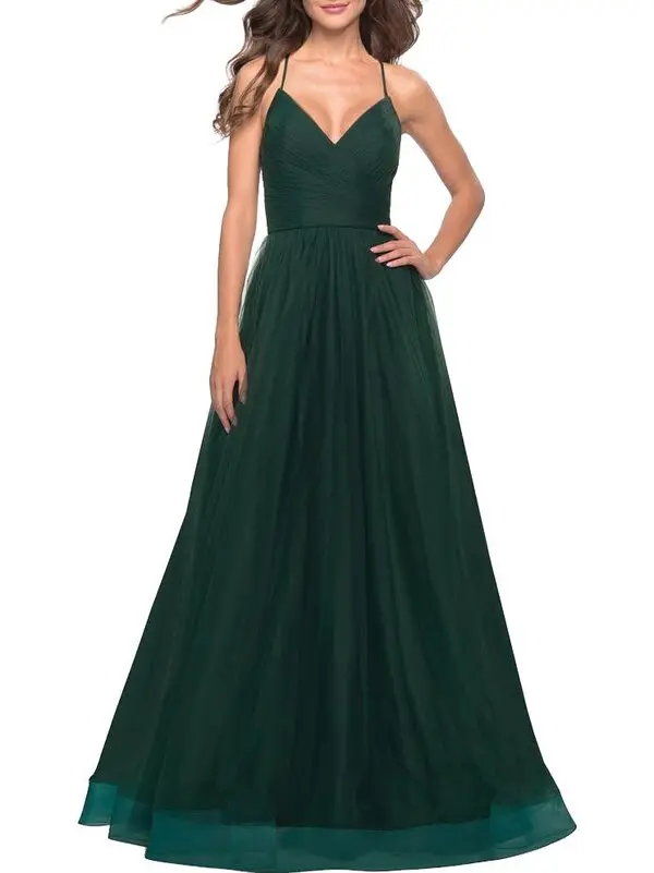 LABOMME Long Tulle A-line Gown With Slit And Pockets - Dark Emerald