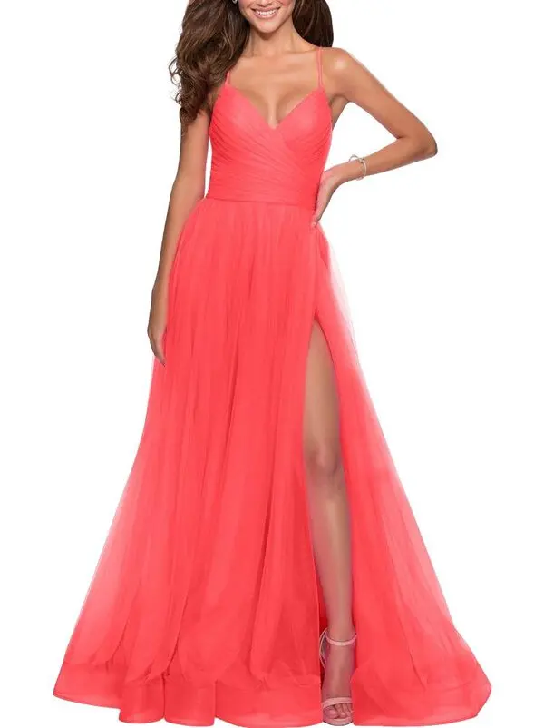 LABOMME Long Tulle A-line Gown With Slit And Pockets - Hot Coral
