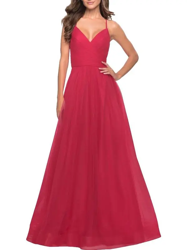 La Femme Long Tulle A-line Gown With Slit And Pockets - Red