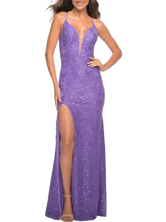 LABOMME Stretch Lace Prom Gown With Deep V-neckline - Bright Purple