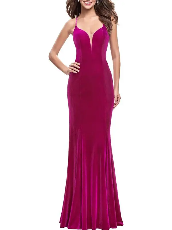 La Femme Strapless Velvet Mermaid Gown With Strappy Back - Fuchsia
