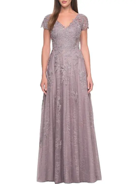 LABOMME A-line Gown With Lace Appliqué And Illusion Sleeves - Dusty Lilac