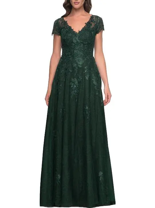 La Femme A-line Gown With Lace Appliqué And Illusion Sleeves - Emerald