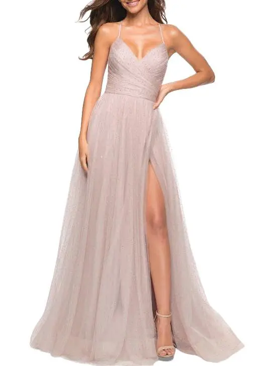 LABOMME Rhinestone Tulle Ballgown With Slit And Lace Up Back - Mauve