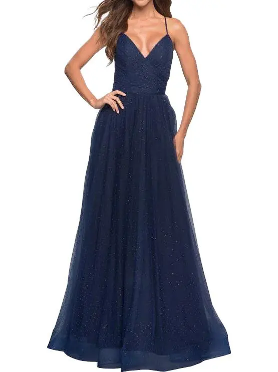 LABOMME Rhinestone Tulle Ballgown With Slit And Lace Up Back - Navy