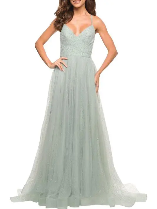 LABOMME Rhinestone Tulle Ballgown With Slit And Lace Up Back - Sage