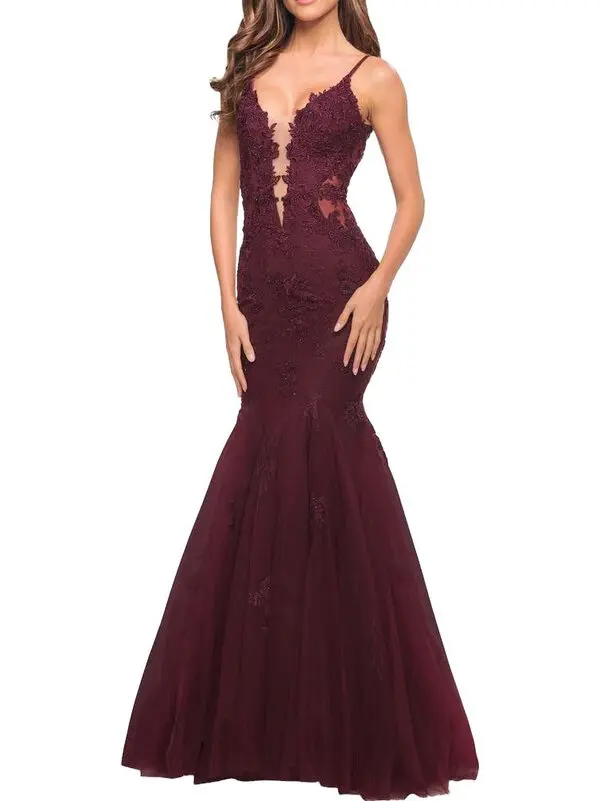 LABOMME Tulle And Lace Mermaid Gown - Burgundy