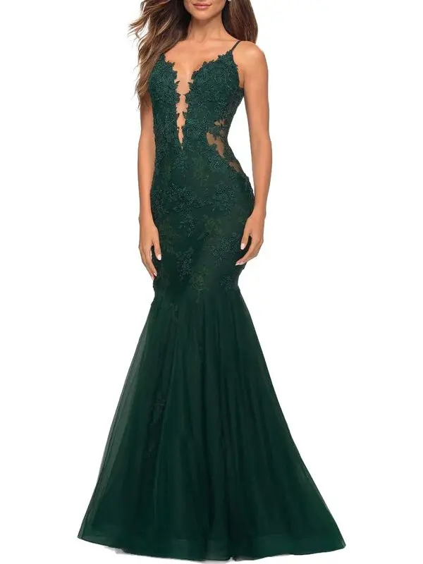 LABOMME Tulle And Lace Mermaid Gown - Dark Emerald