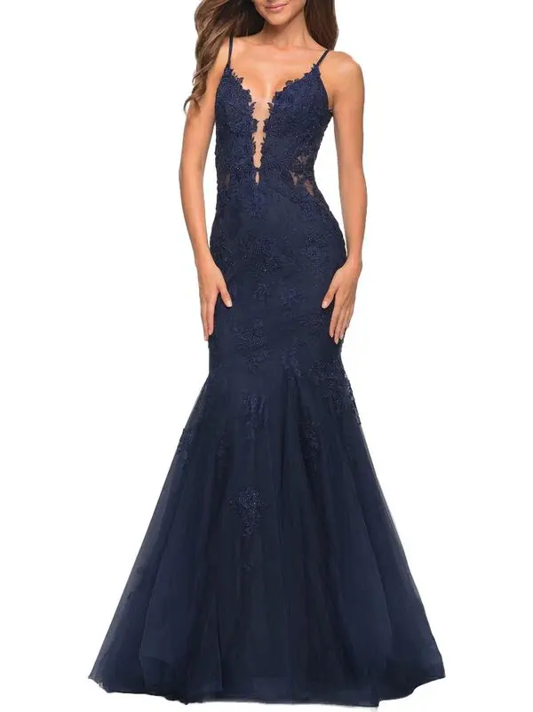 La Femme Tulle And Lace Mermaid Gown - Navy
