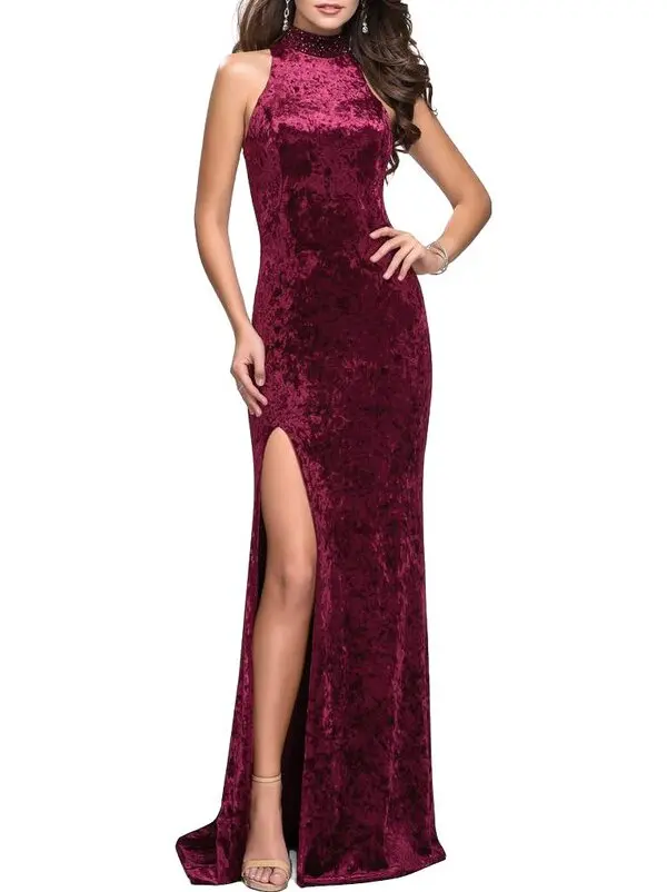 LABOMME Long Crushed Velvet Prom Dress With Beaded Choker - Burgundy