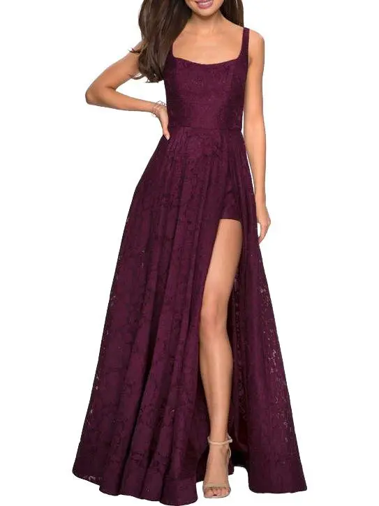 LABOMME Lace Prom Dress With Attached Shorts - Dark Berry