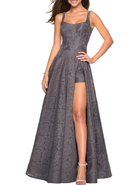 LABOMME Lace Prom Dress With Attached Shorts - Gunmetal