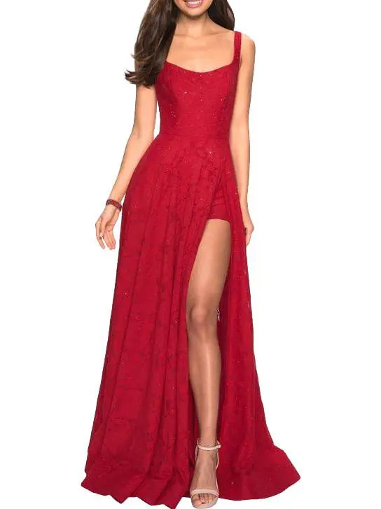 LABOMME Lace Prom Dress With Attached Shorts - Red