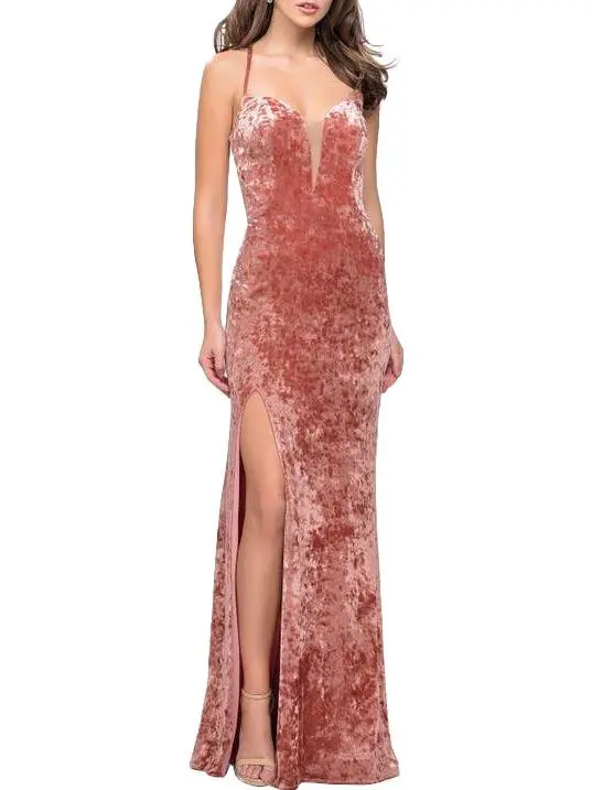 LABOMME Crushed Velvet Gown With Leg Slit And Open Back - Blush