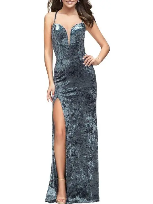 LABOMME Crushed Velvet Gown With Leg Slit And Open Back - Steel Grey