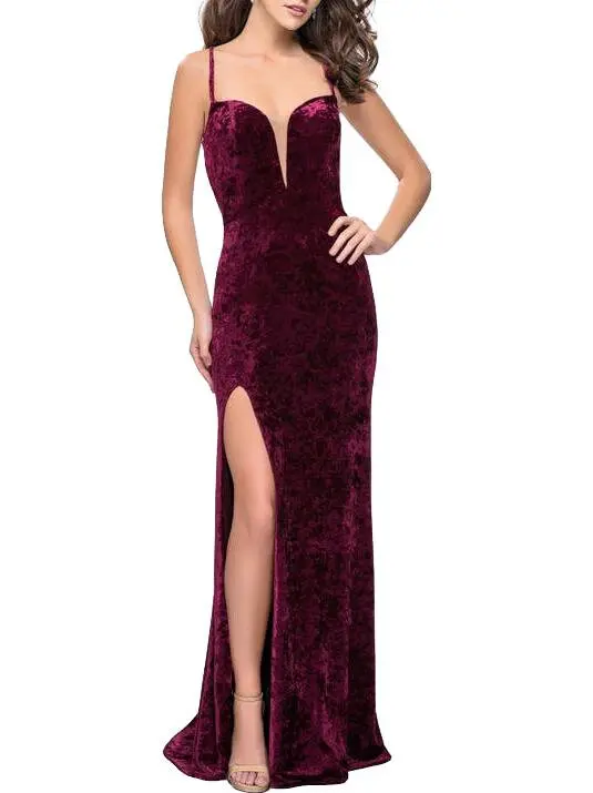 LABOMME Crushed Velvet Gown With Leg Slit And Open Back - Wine