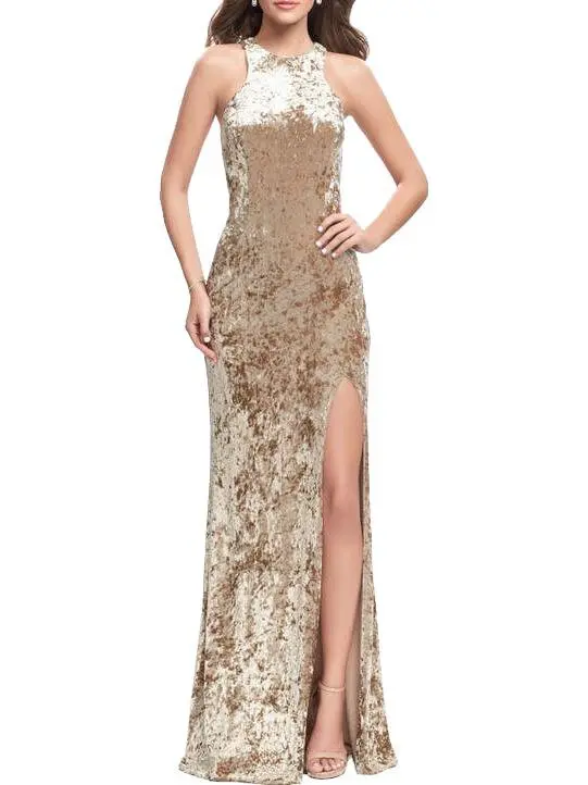 La Femme Crushed Velvet Column Gown With High Neckline And Slit - Beige