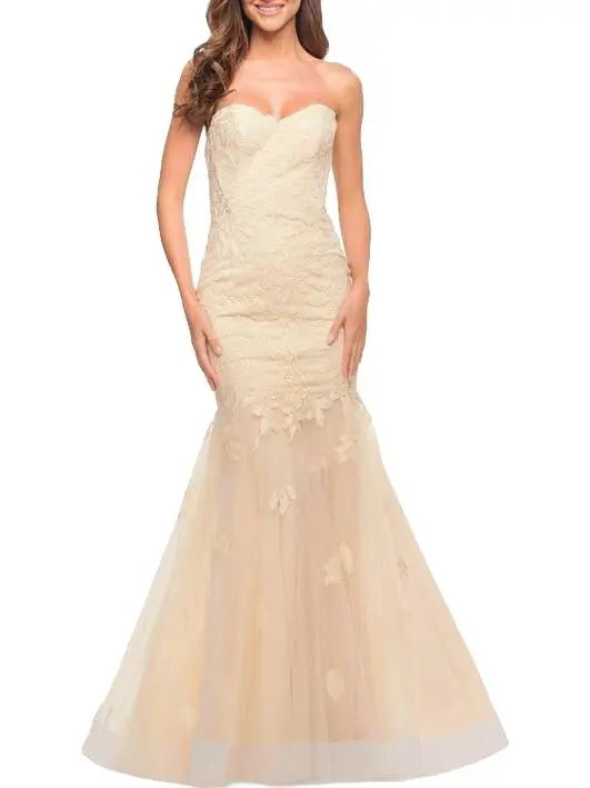 LABOMME Strapless Mermaid Tulle Gown - Champagne