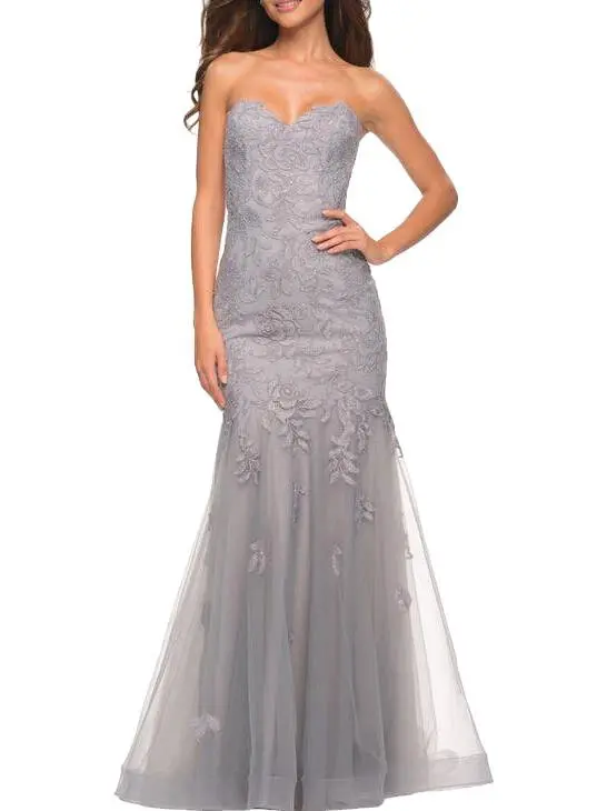 LABOMME Strapless Mermaid Tulle Gown - Silver