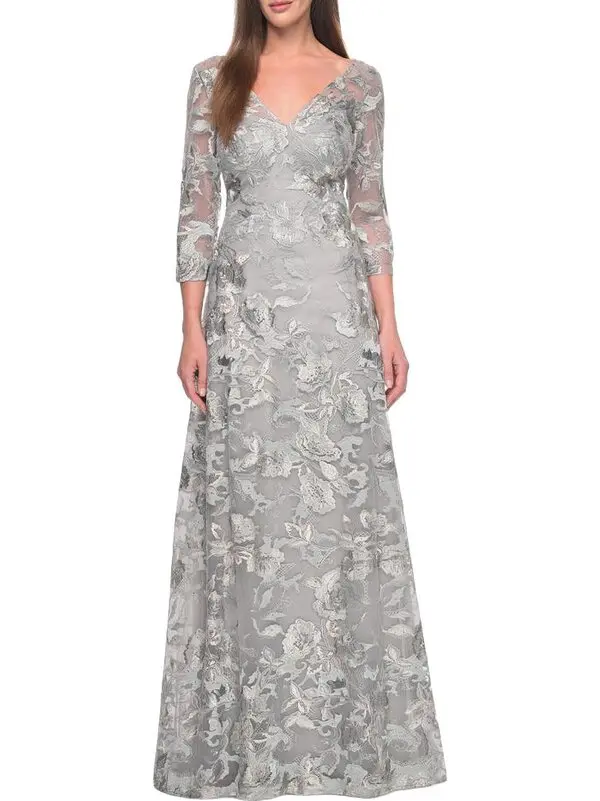LABOMME Lace A-line Gown With Sleeves - Silver/slate