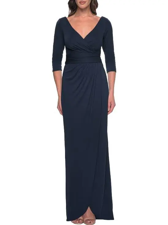 La Femme Ruched Waist Jersey Gown - Navy