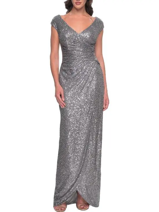 La Femme Sequin Evening Dress - Silver