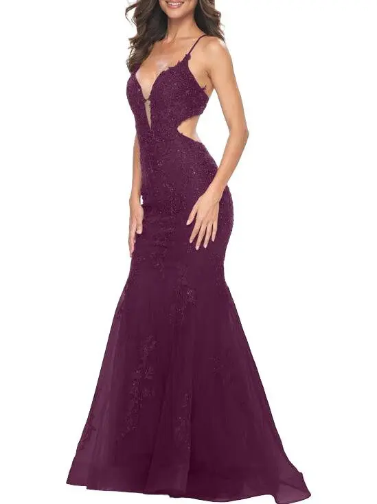 LABOMME Lace And Tulle Mermaid Gown With Cut Outs - Dark Berry