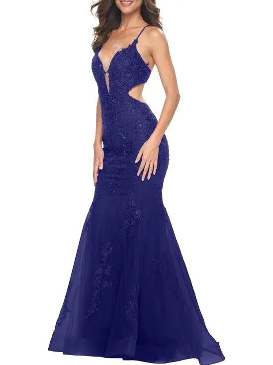 LABOMME Lace And Tulle Mermaid Gown With Cut Outs - Marine Blue