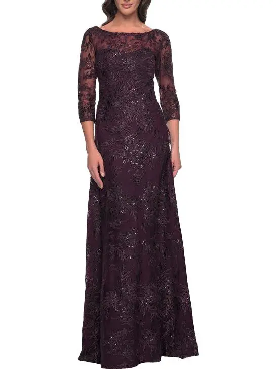 LABOMME Lace Gown With Illusion Neckline - Dark Berry