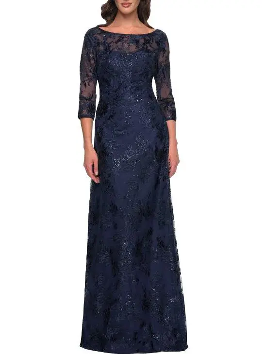 La Femme Lace Gown With Illusion Neckline - Navy
