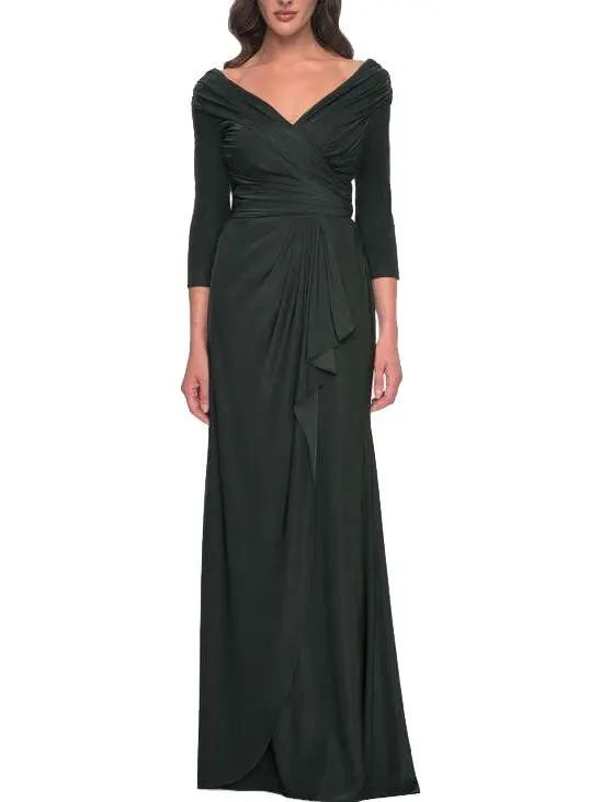 LABOMME Ruched Jersey Evening Gown - Dark Emerald