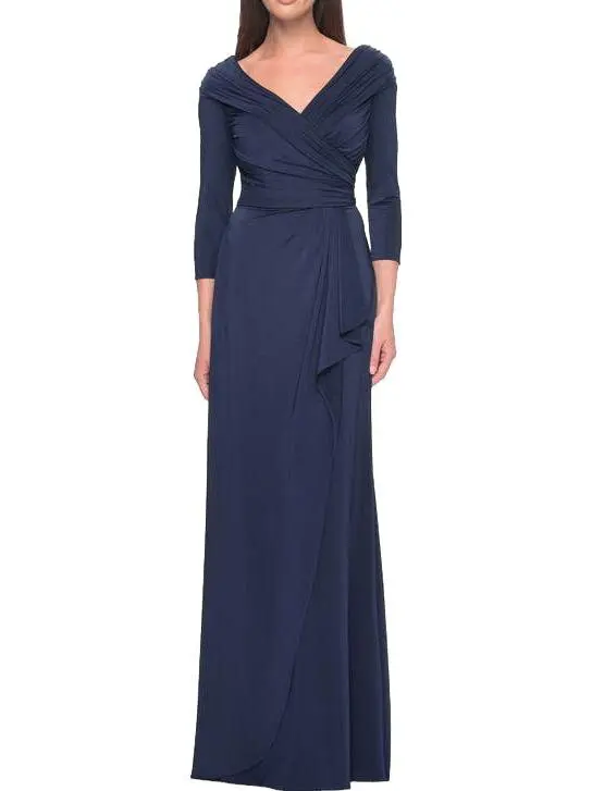 La Femme Ruched Jersey Evening Gown - Navy