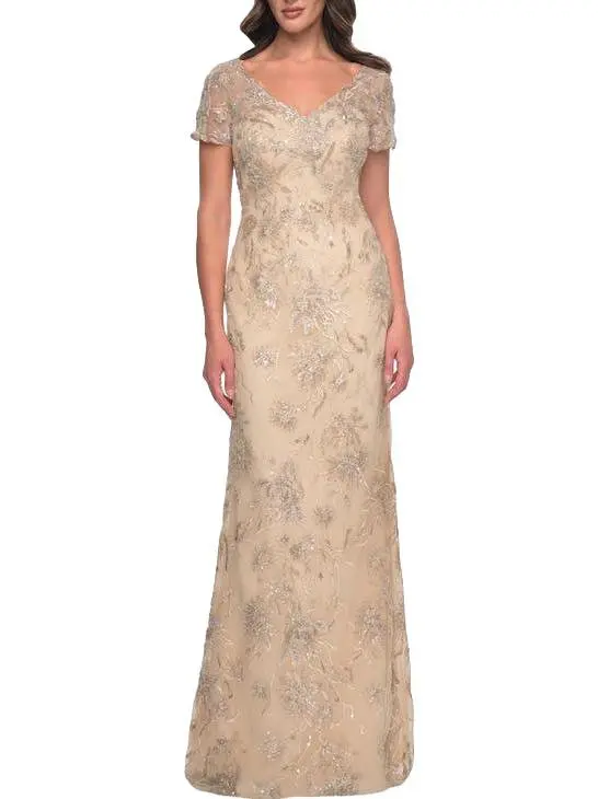 LABOMME Beaded Long Gown With Short Sleeves And V Neck - Light Gold