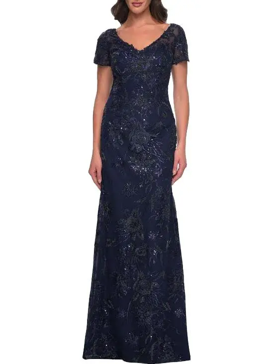 La Femme Beaded Long Gown With Short Sleeves And V Neck - Navy