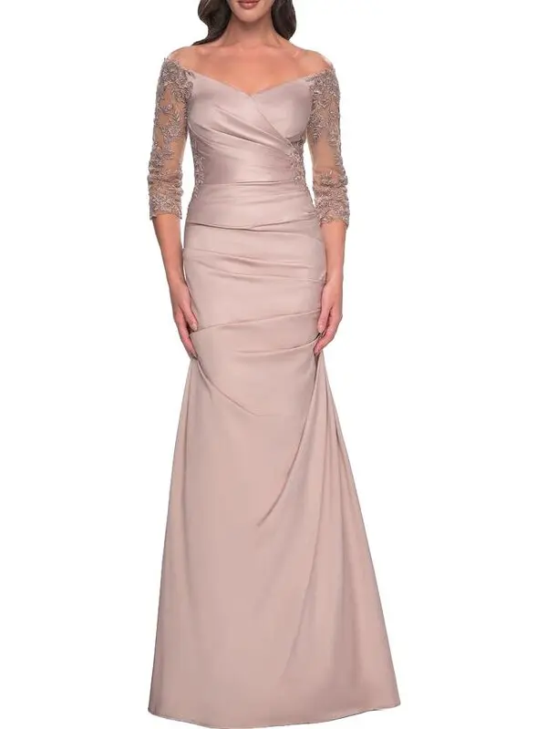 LABOMME Mermaid Satin Gown With Lace Sleeves - Champagne