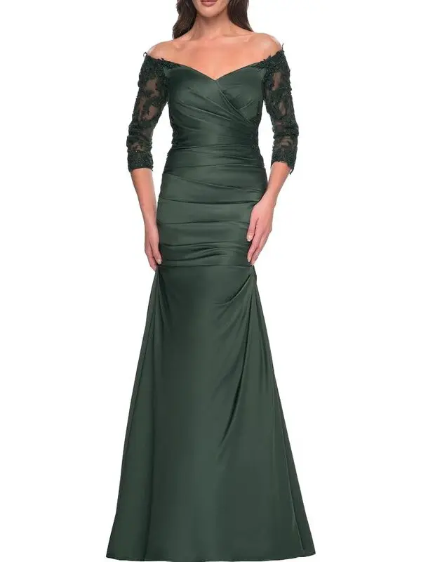 La Femme Mermaid Satin Gown With Lace Sleeves - Emerald