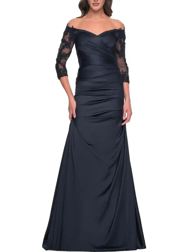 La Femme Mermaid Satin Gown With Lace Sleeves - Navy