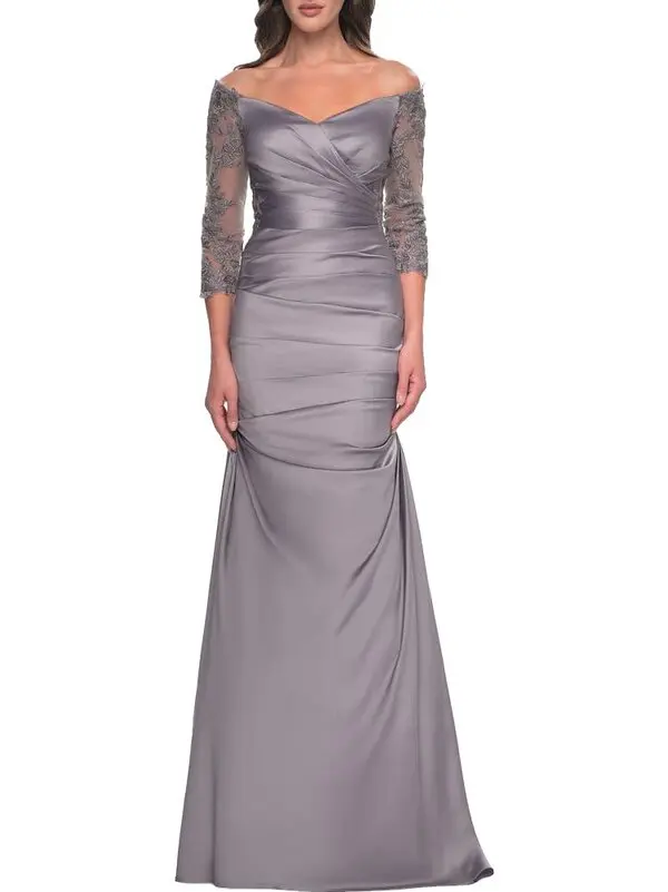 La Femme Mermaid Satin Gown With Lace Sleeves - Silver