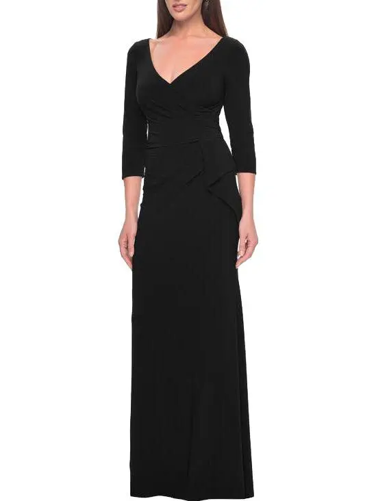 La Femme Jersey Evening Dress With Ruffle Detail - Black