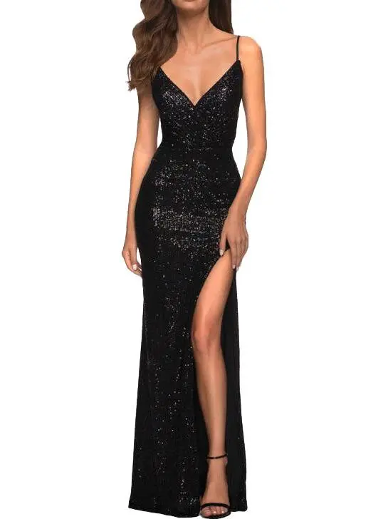 LABOMME Long Sequin Gown With Slit - Black