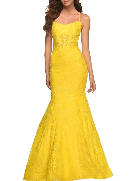 LABOMME Lace Mermaid Gown With Open Back - Yellow