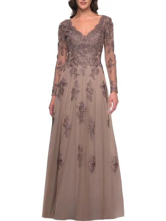 LABOMME Long Sleeve Lace And Tulle A-line Dress - Cocoa